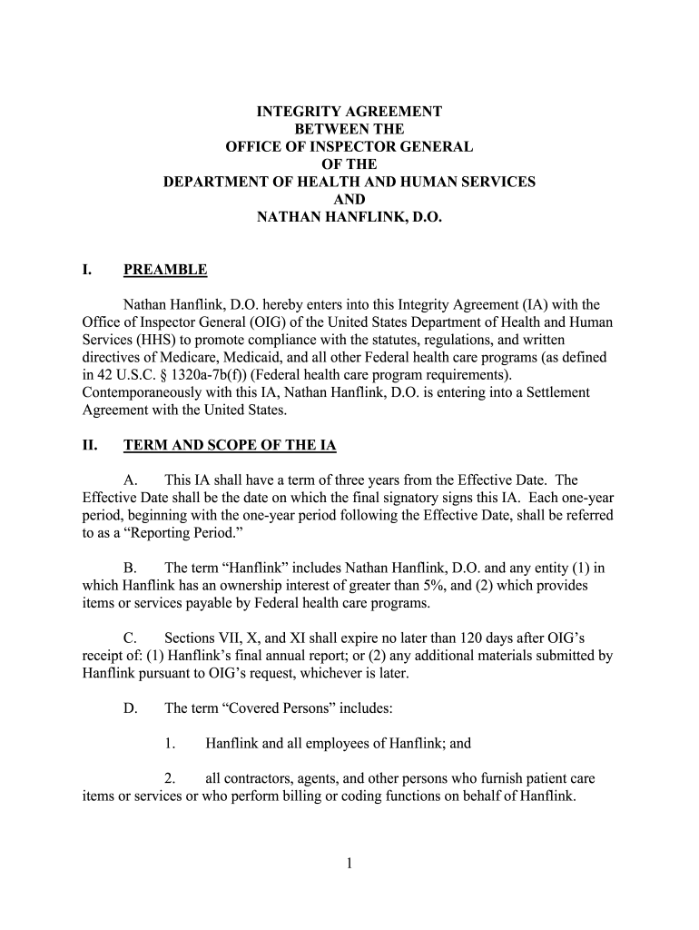 Fillable Online Nathan Hanflink, DO Integrity AgreemeNT Fax Email Print ...