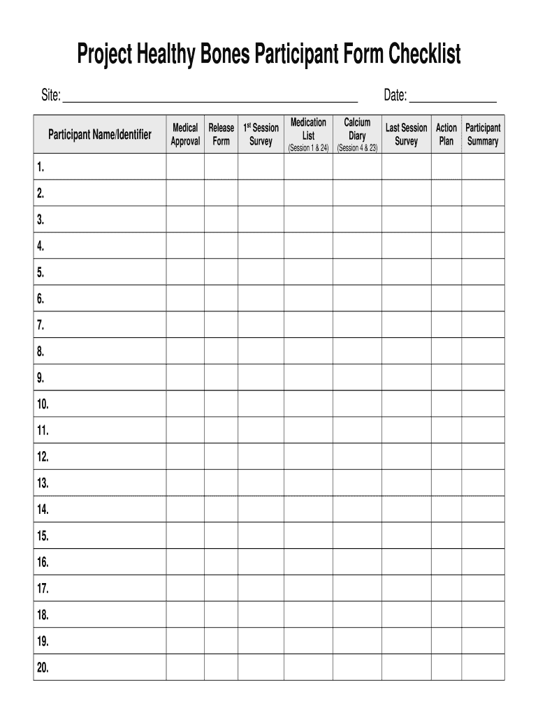 Fillable Online Project Healthy Bones Participant Form Checklist Fax ...