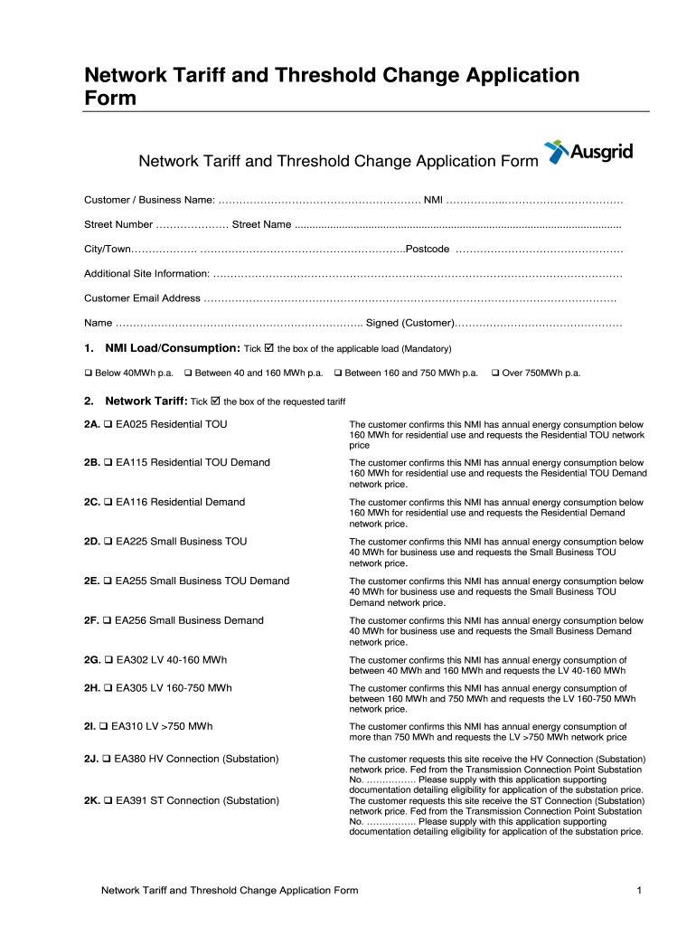 Fillable Online Network Tariff and Threshold Change Application Form ...