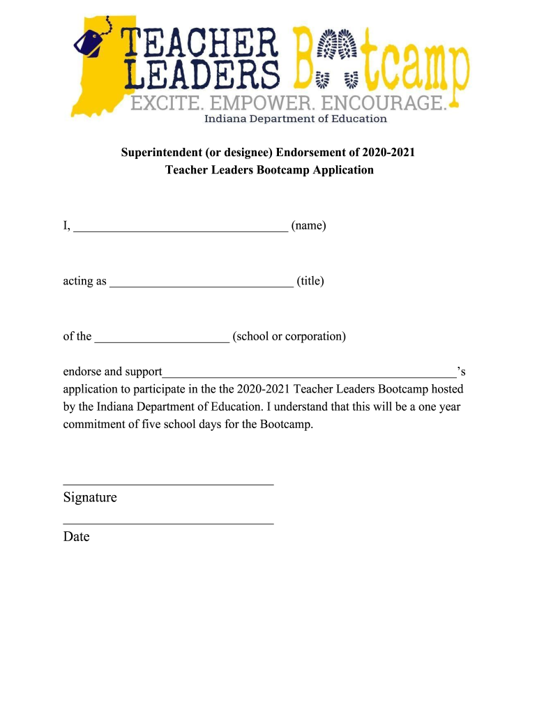 Fillable Online Superintendent (or designee) Endorsement of 2020-2021 Teacher Leaders Bootcamp ...