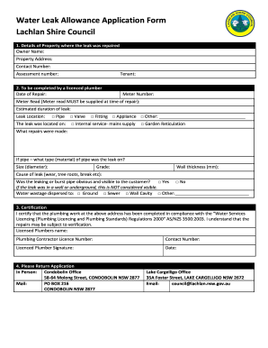 Fillable Online Water Leak Allowance Application Form Lachlan Shire ...