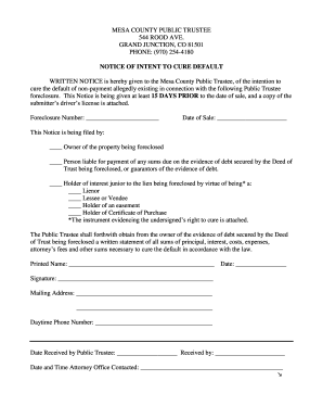 Fillable Online NOTICE OF INTENT TO CURE DEFAULT 15 DAYS PRIOR Fax ...