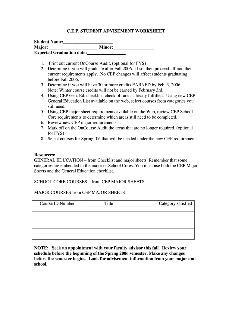 Fillable Online STUDENT ADVISEMENT WORKSHEET Fax Email Print - pdfFiller