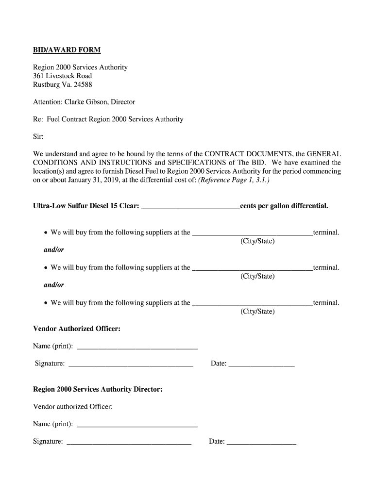 Fillable Online Diesel Fuel Supplier - BID FORM - Region 2000 Service ...