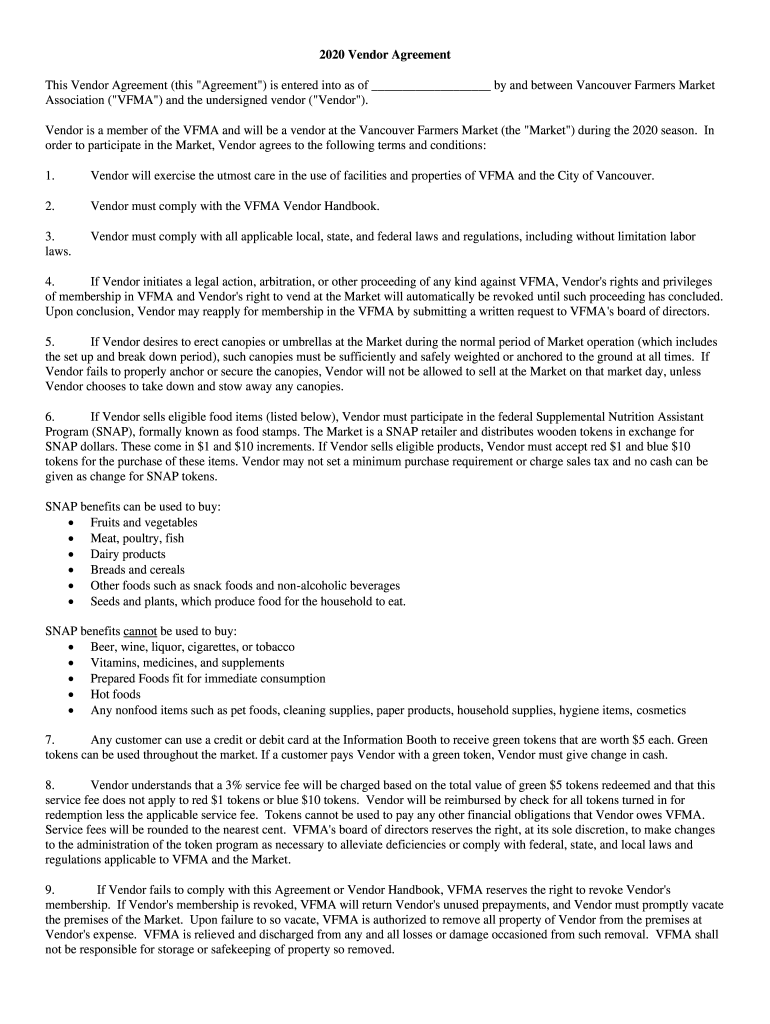 Fillable Online 2020 Vendor Agreement Fax Email Print - pdfFiller