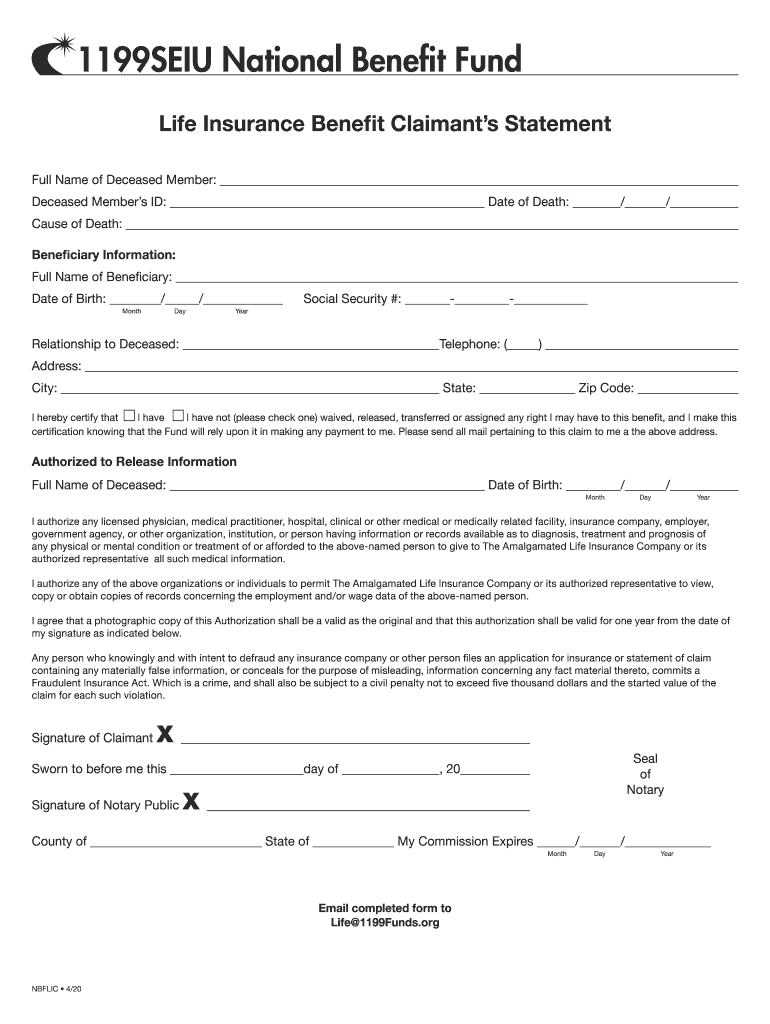 Fillable Online Life Insurance Benefit Claimants Statement Fax Email ...