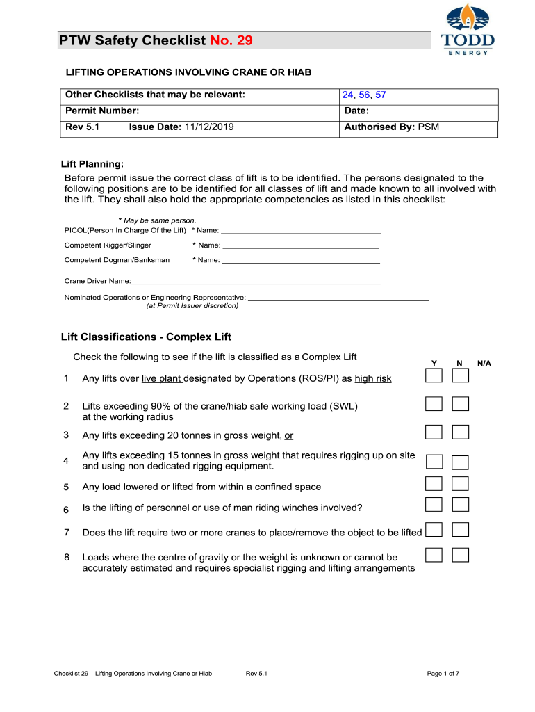 Fillable Online PTW Safety Checklist No. 29 - Todd Energy Fax Email ...
