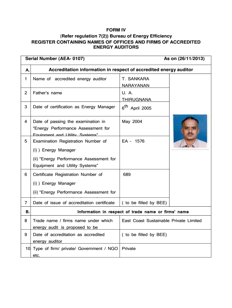 Fillable Online FORM IV regulation 7(2)) Bureau of Energy Efficiency ...