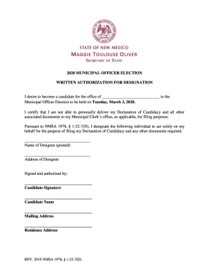 Fillable Online 2020 MUNICIPAL OFFICER ELECTION WRITTEN AUTHORIZATION ...