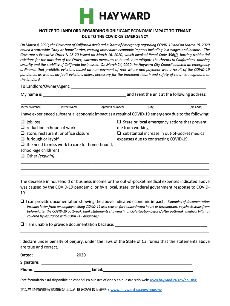 Fillable Online Tenant Declaration of Economic Impact Due to COVID-19 ...
