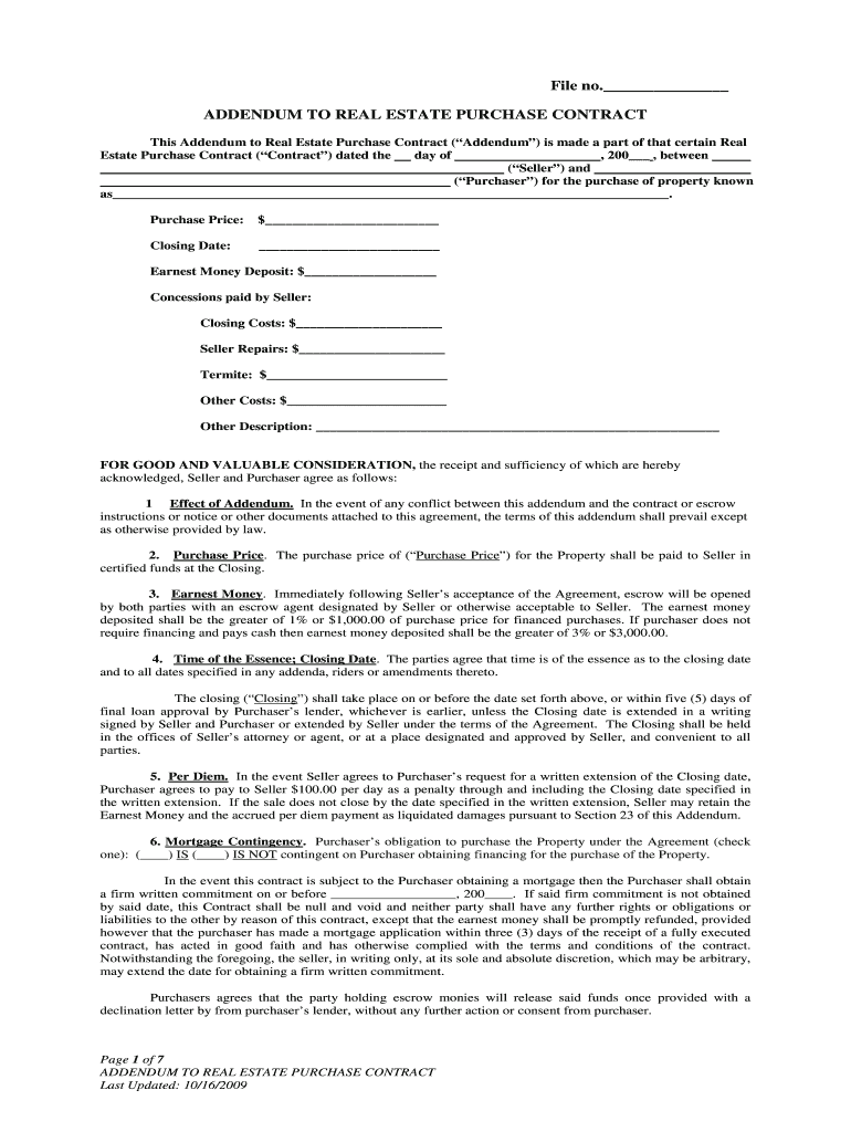 Fillable Online This Addendum to Real Estate Purchase Contract ...