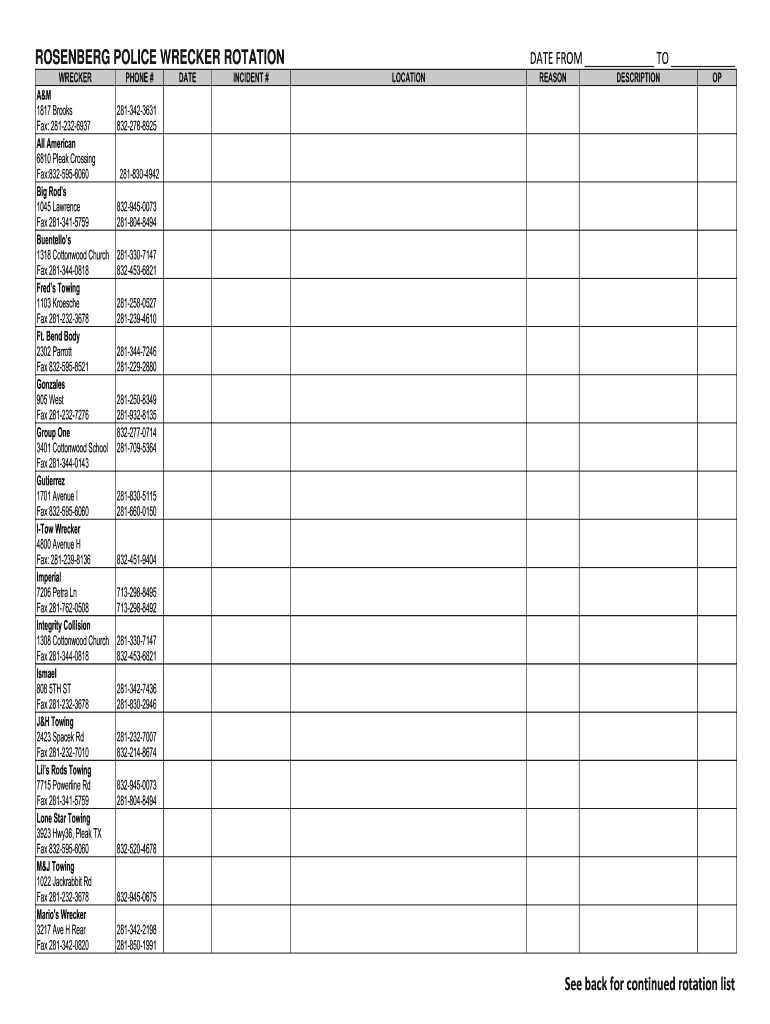 Fillable Online ROSENBERG POLICE WRECKER ROTATION Fax Email Print ...