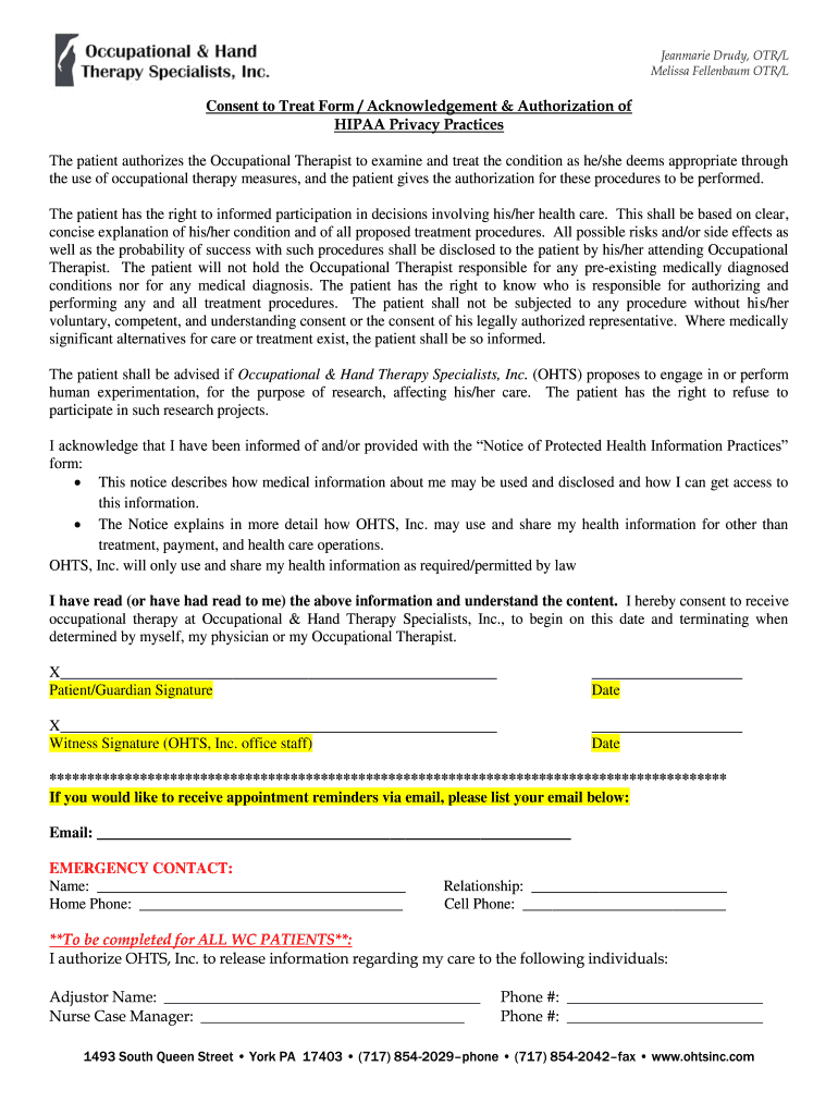 Fillable Online Consent to Treat Form / Acknowledgement & Authorization of ... Fax Email Print ...
