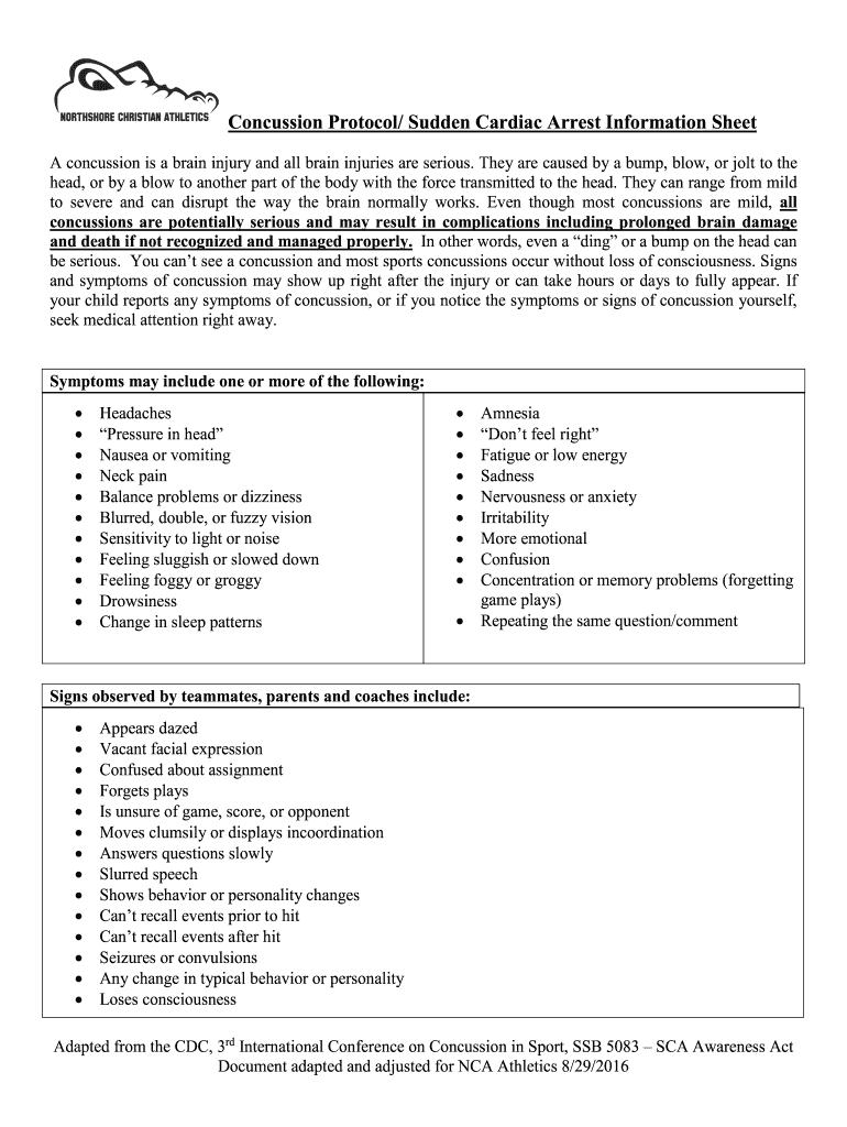 Fillable Online Concussion Protocol/ Sudden Cardiac Arrest Information ...