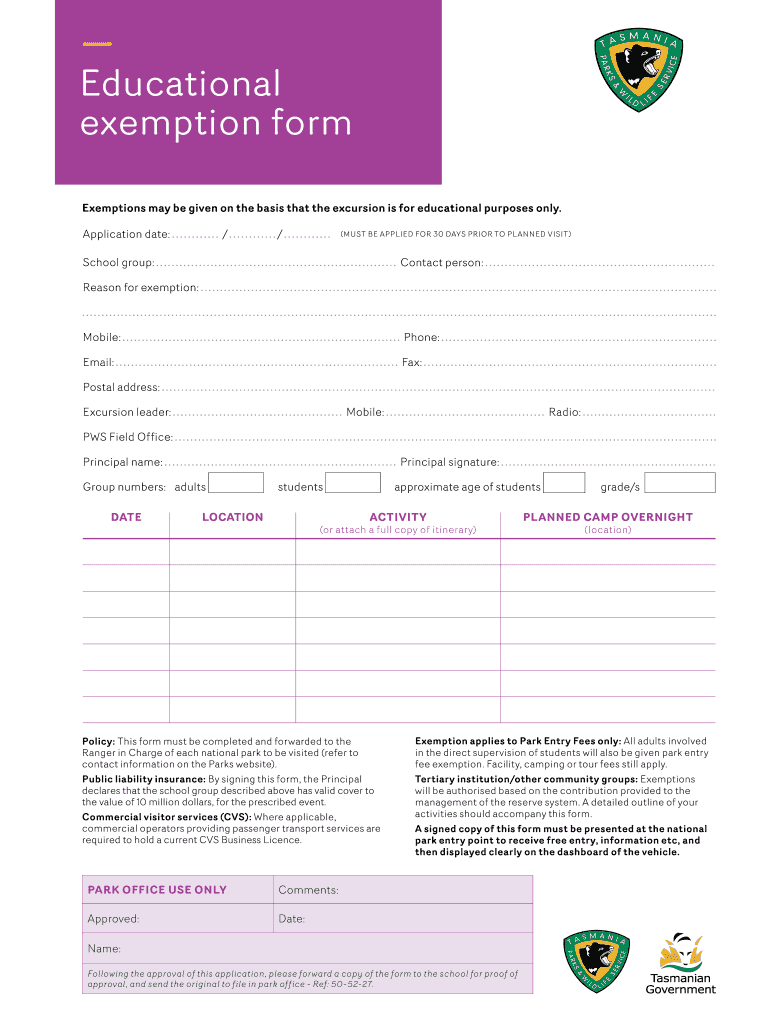 Educational Exemption Form - Blank Fillable Template | Fill Out, Print ...