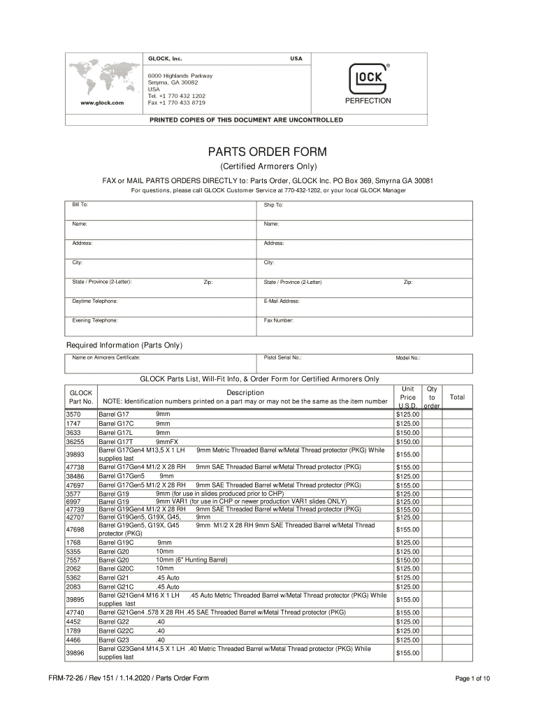 Fillable Online GLOCK Parts List, Will-Fit Info, & Order Form for ...