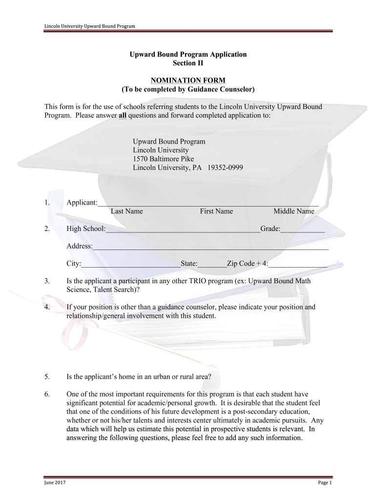 Fillable Online Upward Bound Application, Guidance Nomination Form, FINAL Grant Period 2017 ...