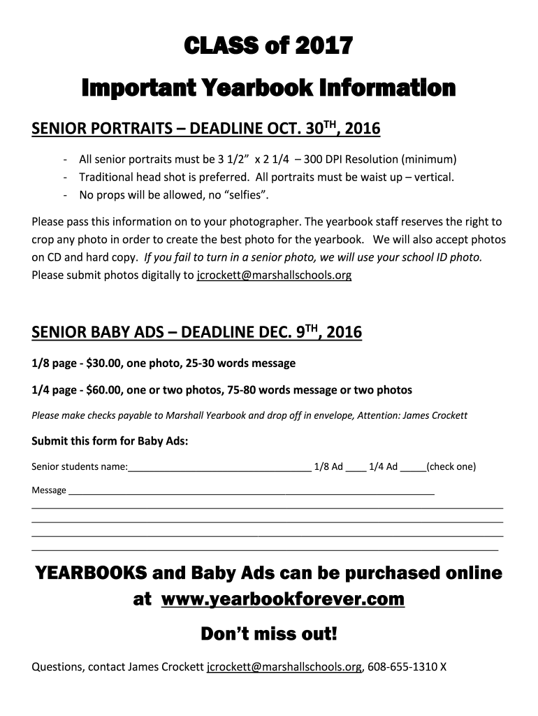 Fillable Online Yearbook Deadlines Official Yearbook Information ...