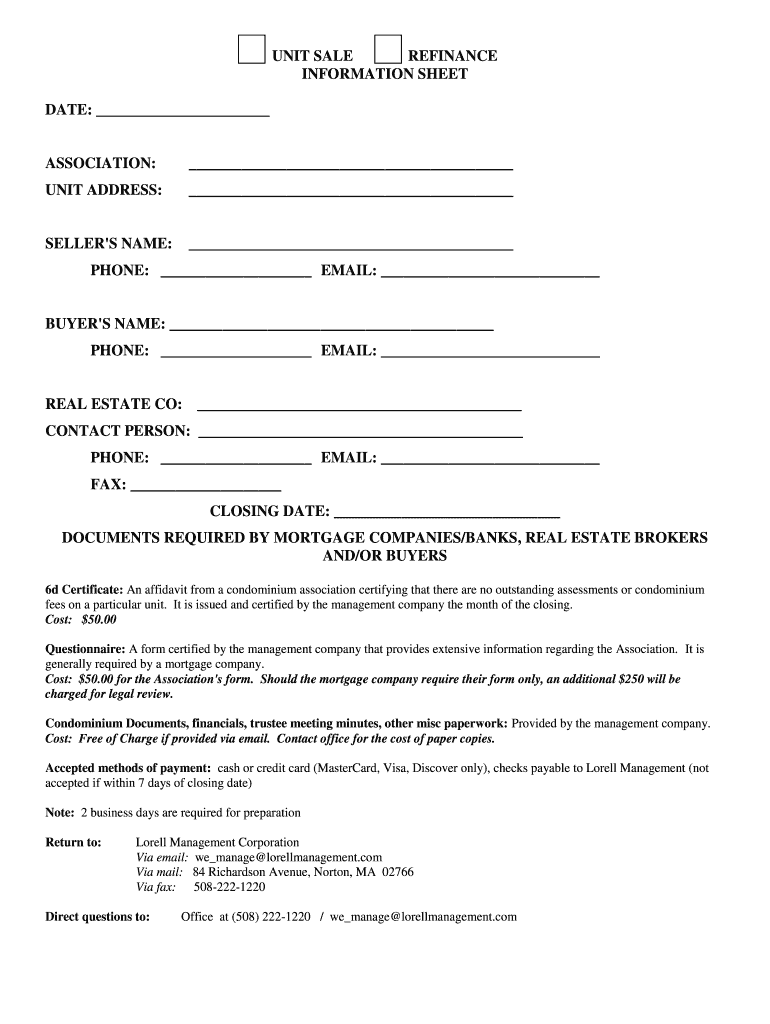 Fillable Online UNIT SALE REFINANCE INFORMATION SHEET DATE: ASSOCIATION ...