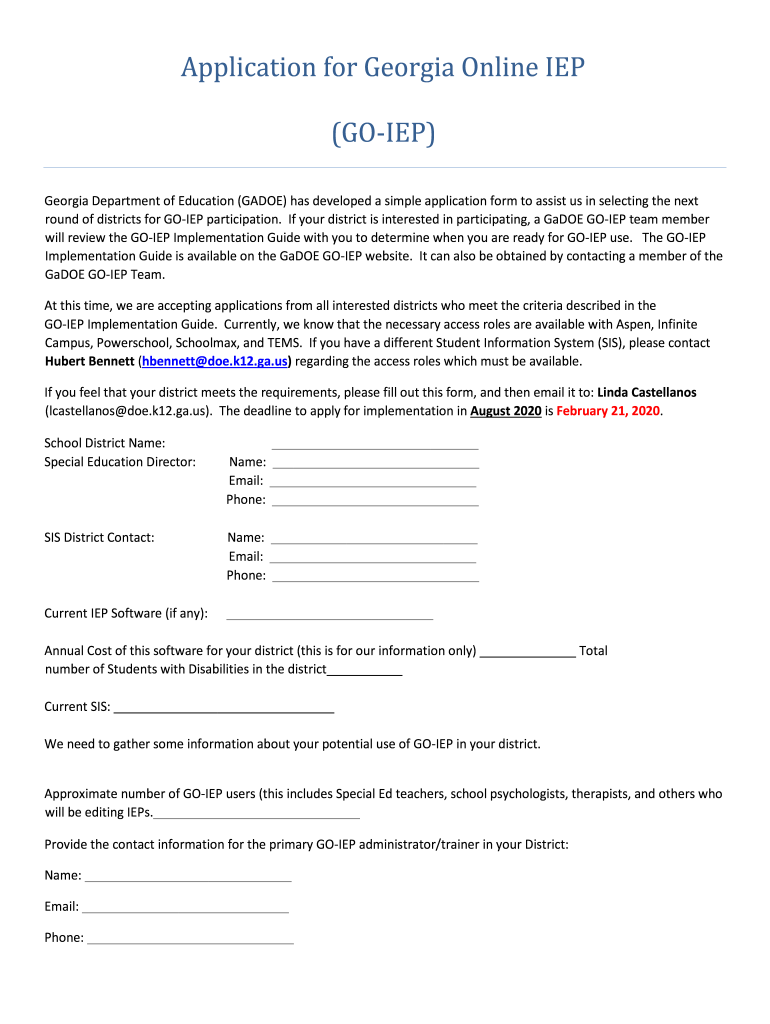 Fillable Online Fillable Online gadoe Application for GO-IEP - Georgia ... Fax Email Print ...