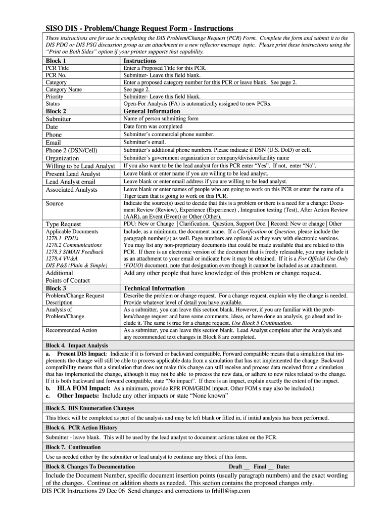 Fillable Online DIS Problem/Change Request Form - Instructions Fax ...
