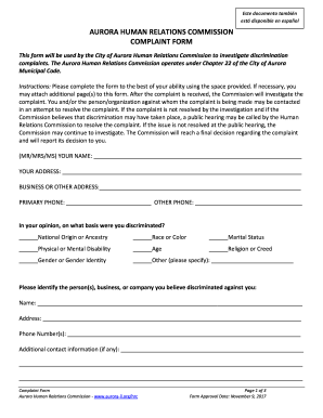 Fillable Online Aurora Human Relations Commission Complaint Form Fax ...