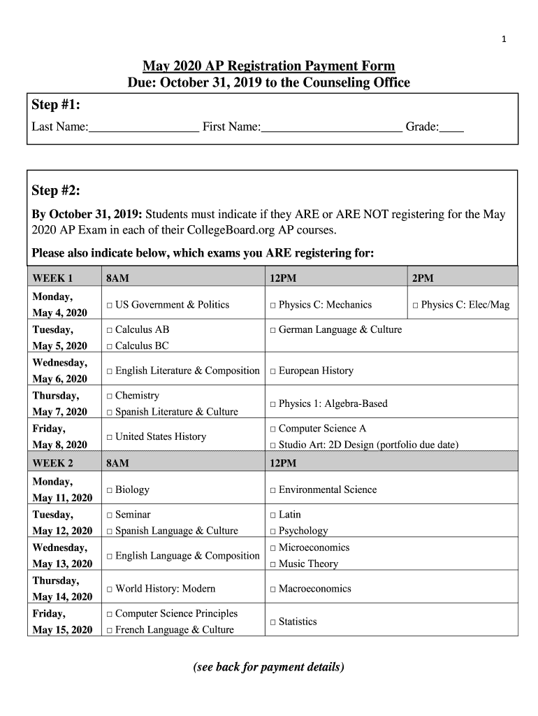 Fillable Online May 2020 AP Registration Payment Form Due: October 31 ...