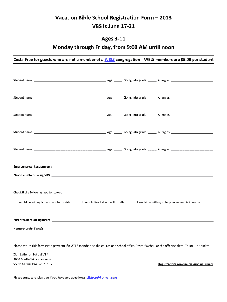 Fillable Online Vacation Bible School Registration Form 2013 Fax Email ...