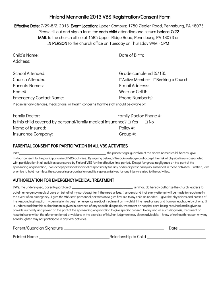 Fillable Online Finland Mennonite 2013 VBS Registration/Consent Form ...
