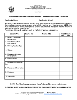 Fillable Online Educational Requirements Worksheet for Licensed ...