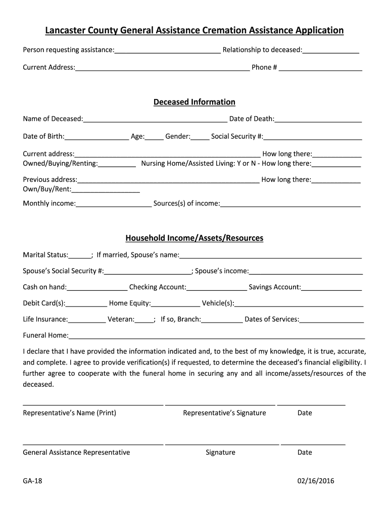 Fillable Online Lancaster County General Assistance Cremation ...