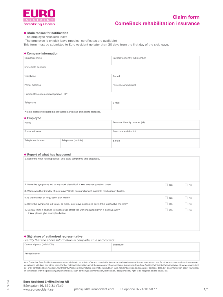 Fillable Online Claim form ComeBack rehabilitation insurance Fax Email ...
