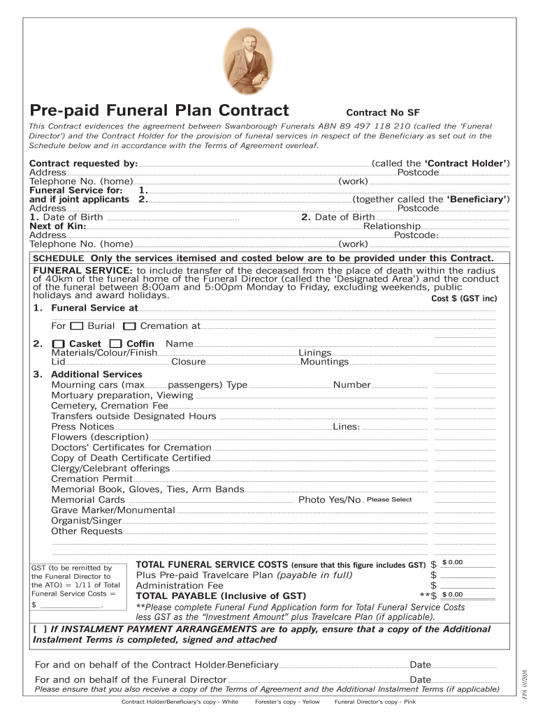 Fillable Online Pre-paid Funeral Plan Contract - Bayside Funeral ...