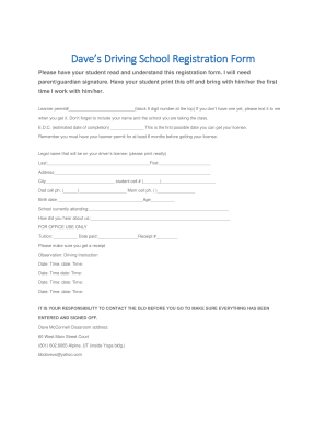 Fillable Online Daves Driving School Registration Form Fax Email Print ...