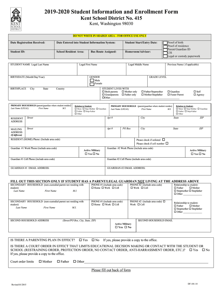 Fillable Online 2019-2020 Student Information and Enrollment Form Fax ...