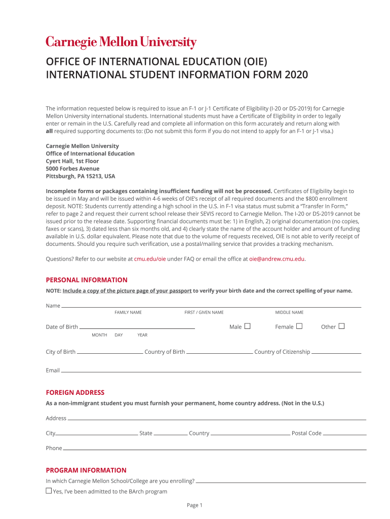 Fillable Online INTERNATIONAL STUDENT INFORMATION FORM 2020 Fax Email Print - pdfFiller