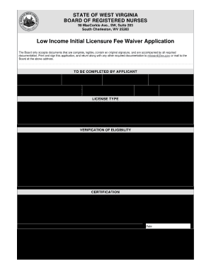 Fillable Online WV Low Income Initial Licensure Fee Waiver Application ...