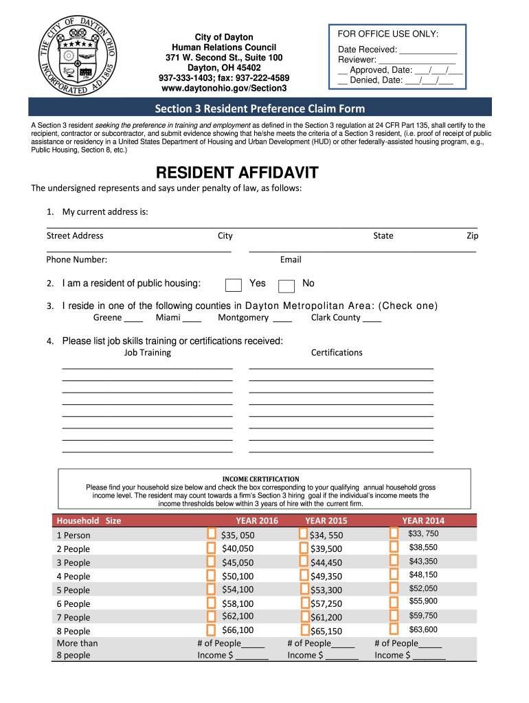 Fillable Online RESIDENT AFFIDAVIT - Dayton HRC Fax Email Print - pdfFiller