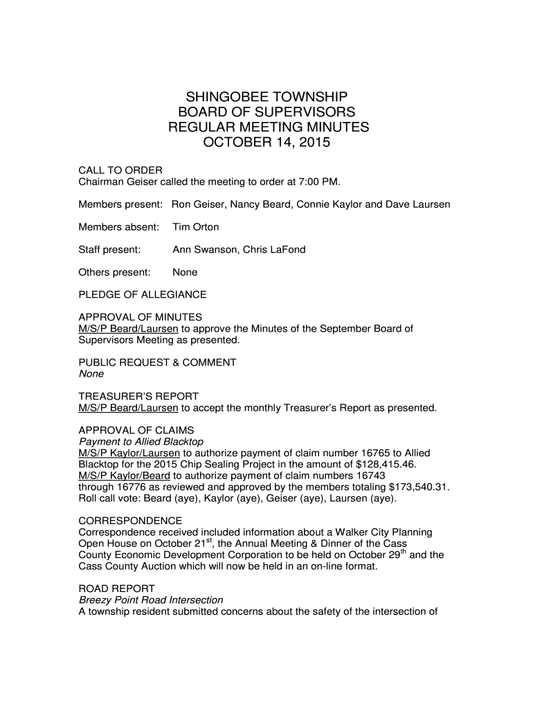 Fillable Online Members present: Ron Geiser, Nancy Beard, Connie Kaylor ...