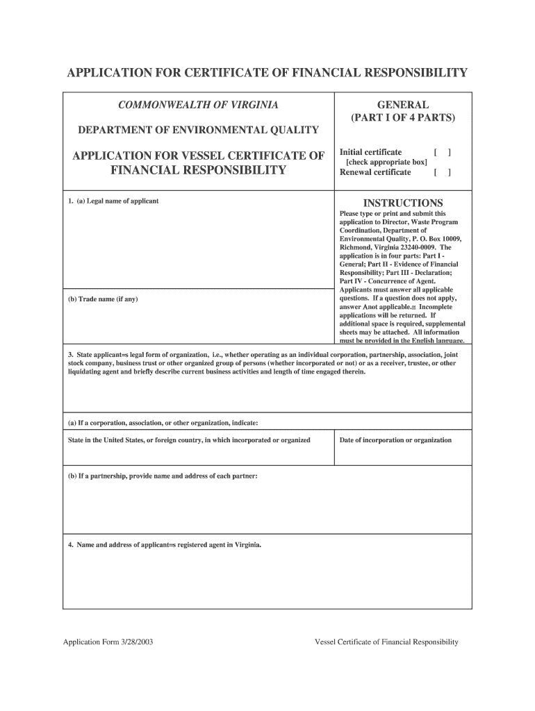 Fillable Online application for certificate of financial responsibility ...