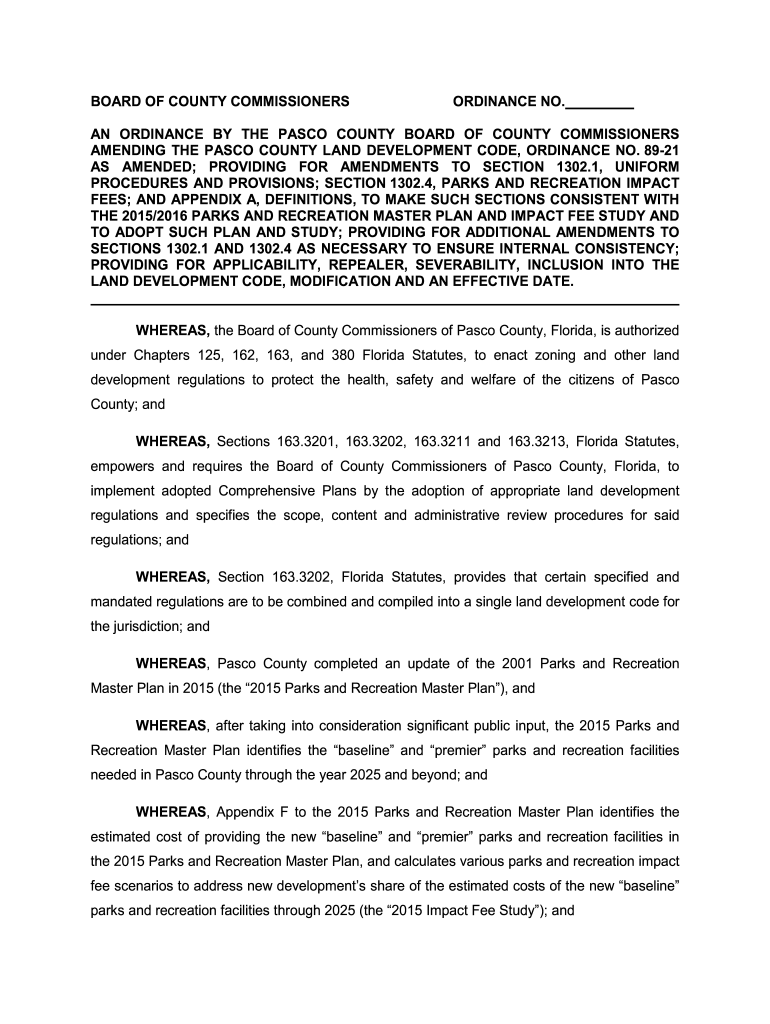 Fillable Online AMENDING THE PASCO COUNTY LAND DEVELOPMENT CODE ...