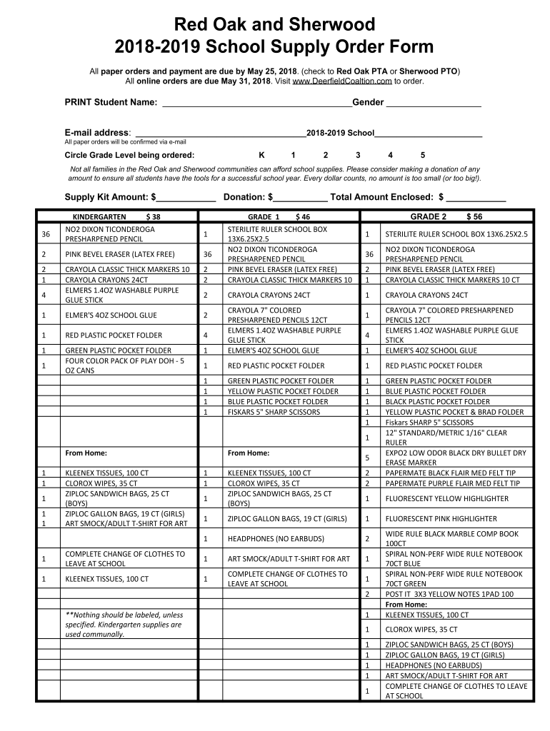 Fillable Online Red Oak and Sherwood 2018-2019 School Supply Order Form ...