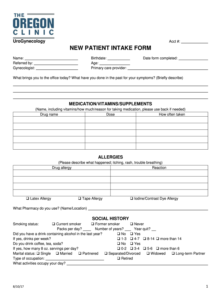 Fillable Online UroGynecology NEW PATIENT INTAKE FORM Fax Email Print ...