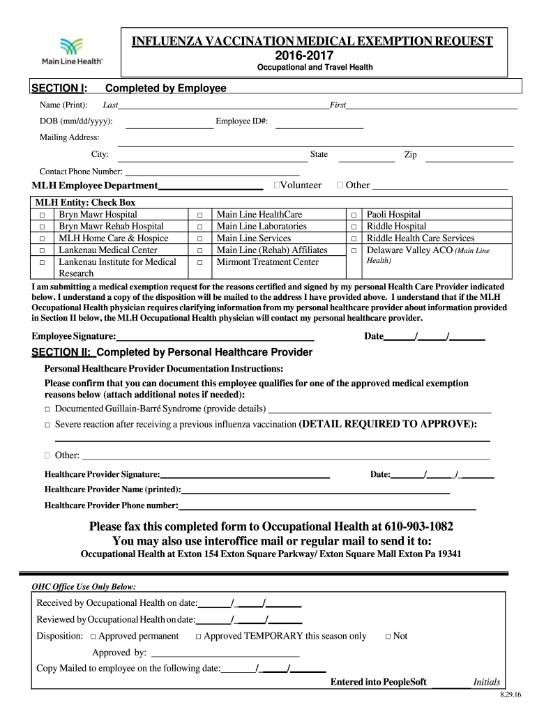Fillable Online INFLUENZA VACCINATION MEDICAL EXEMPTION REQUEST 2016 ...