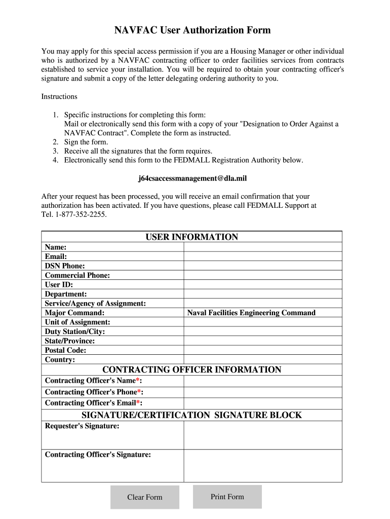 Fillable Online NAVFAC User Authorization Form - dla.mil Fax Email ...