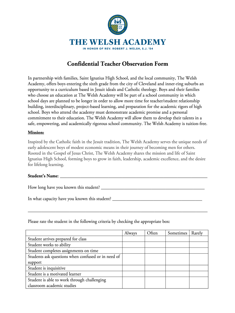 Fillable Online Teacher Recommendation Form - Saint Ignatius High School Fax Email Print - pdfFiller