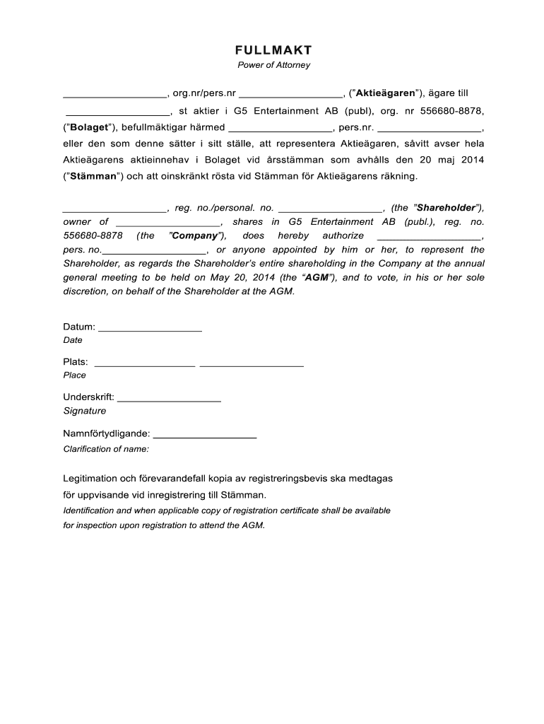 Fillable Online FULLMAKT - Power of attorney AGM 2014.DOCX Fax Email Print - pdfFiller