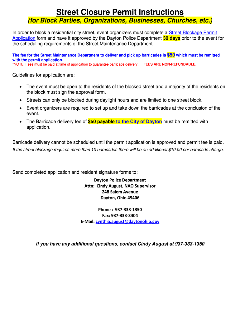 Fillable Online Street Closure Permit Instructions - Dayton, Ohio Fax ...