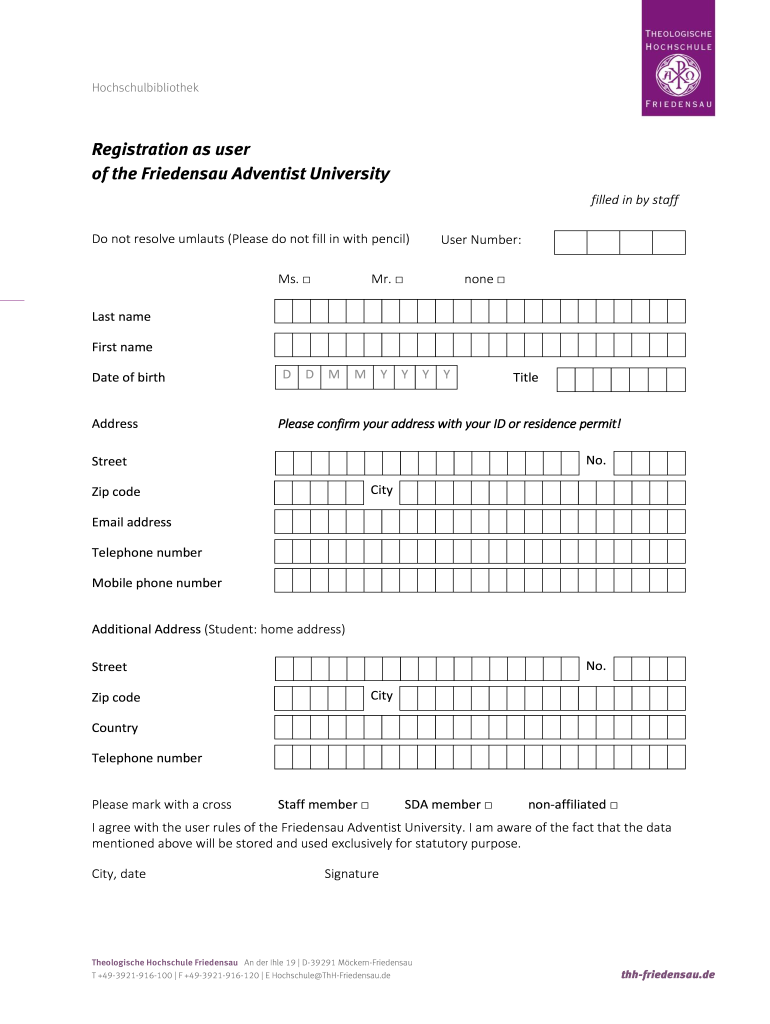 Fillable Online Registration as user of the Friedensau Adventist ...