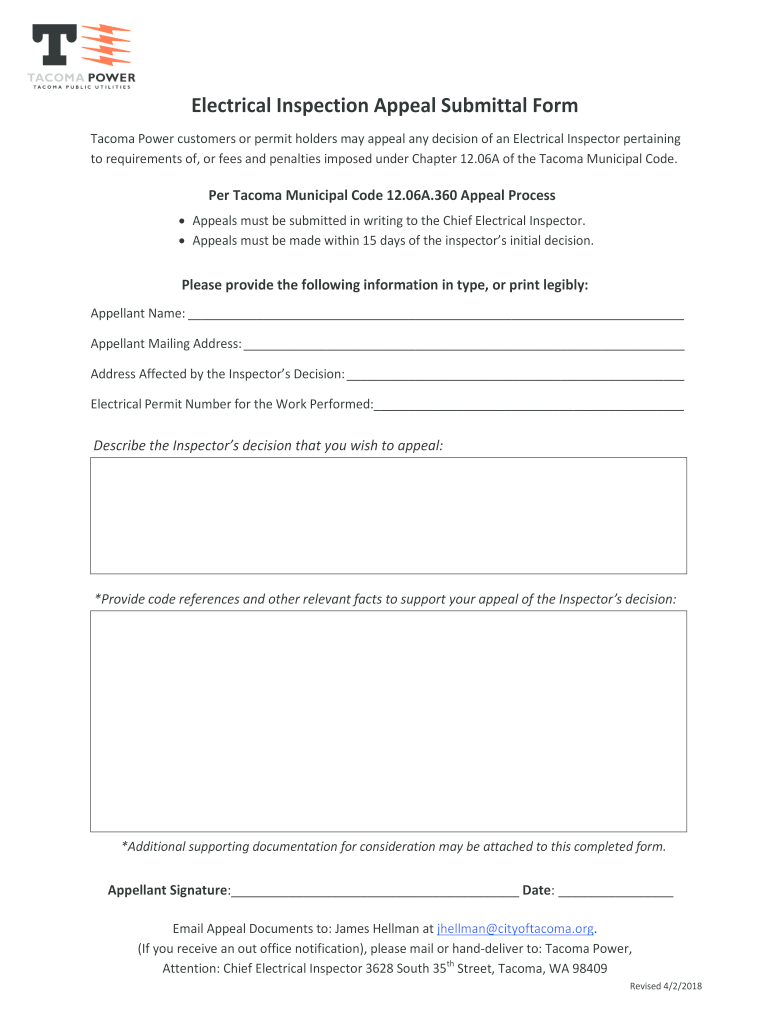 Fillable Online Electrical Inspection Appeal Submittal Form Fax Email ...